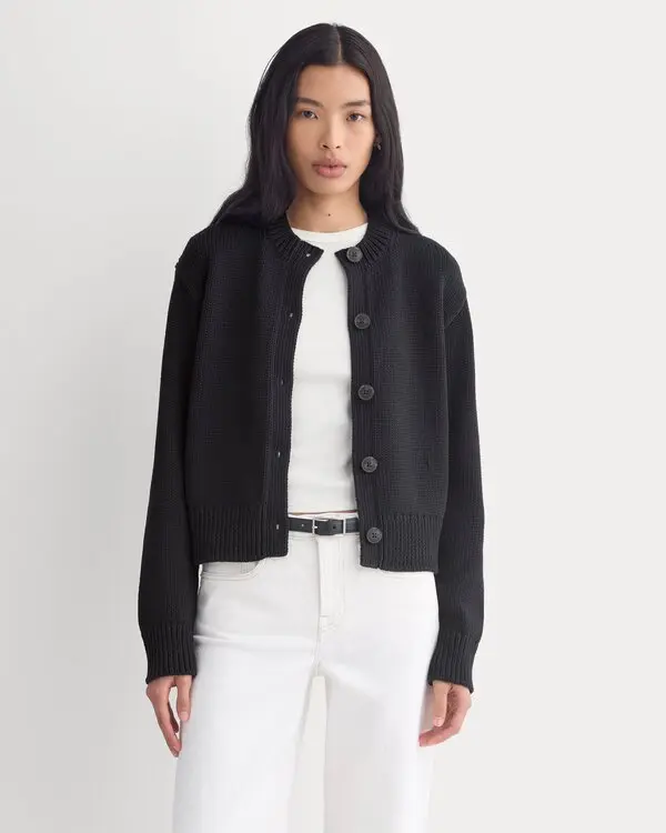 Everlane Open-knit Cardigan Crew In Elevated Cotton - Black