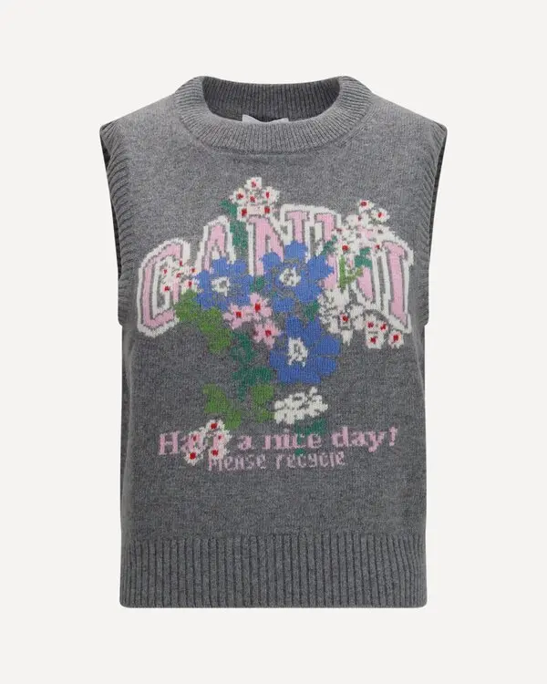 GANNI Wool Floral Vest - Grey