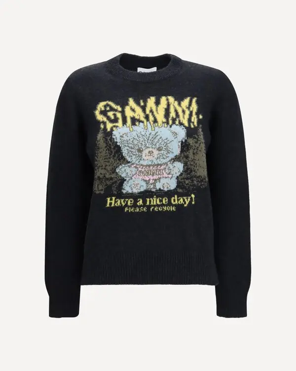 GANNI Wool Sweater With Graphic Teddy Bear Print - Black