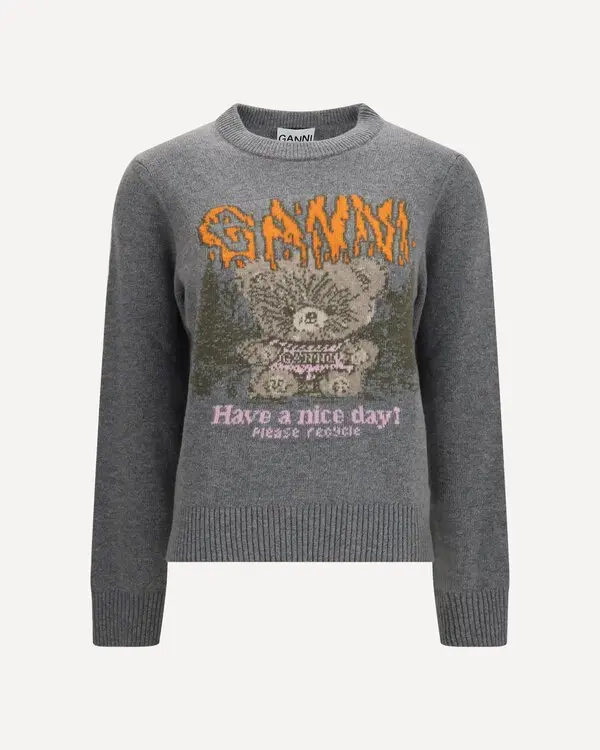 GANNI Teddy Wool Crewneck Sweater - Grey