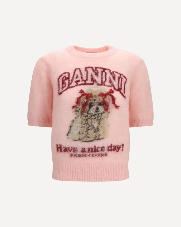 GANNI Alpaca Graphic Knit T-shirt - Pink