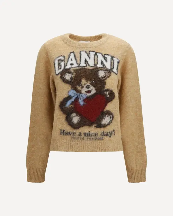 GANNI Alpaca Wool Blend Graphic Crewneck Sweater - Beige