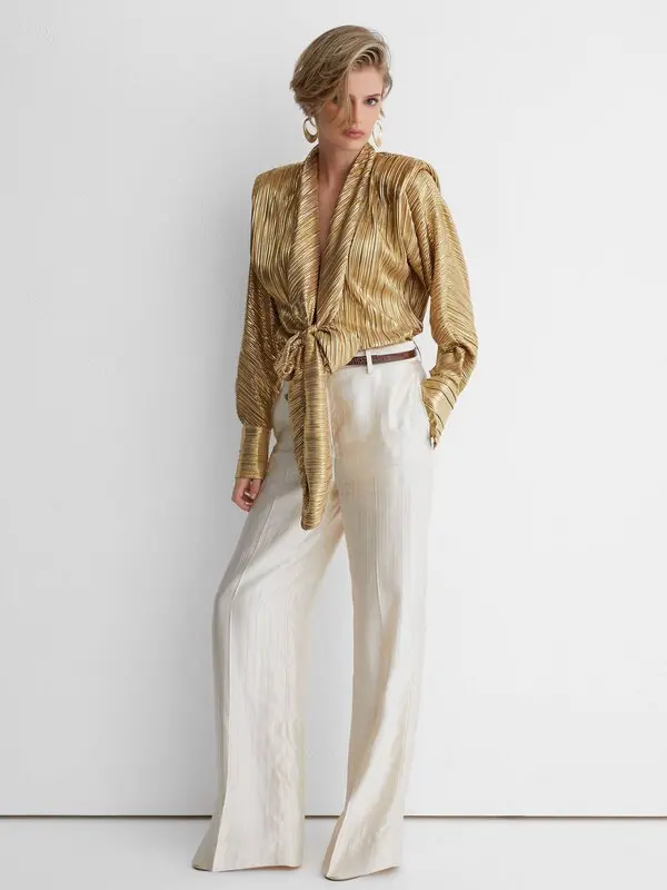 ATELIER Metallic Plissé Tie-front Shirt