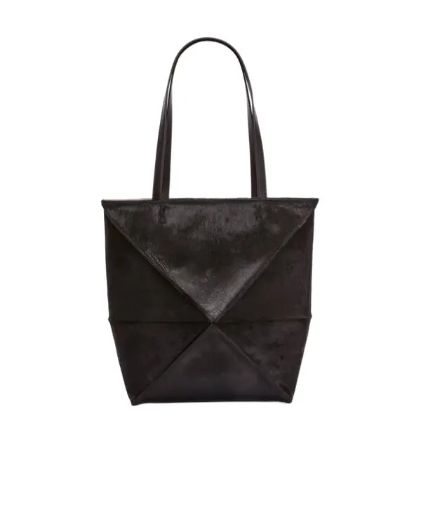 Loewe Puzzle Fold Tote In Hairy Calfskin - Black