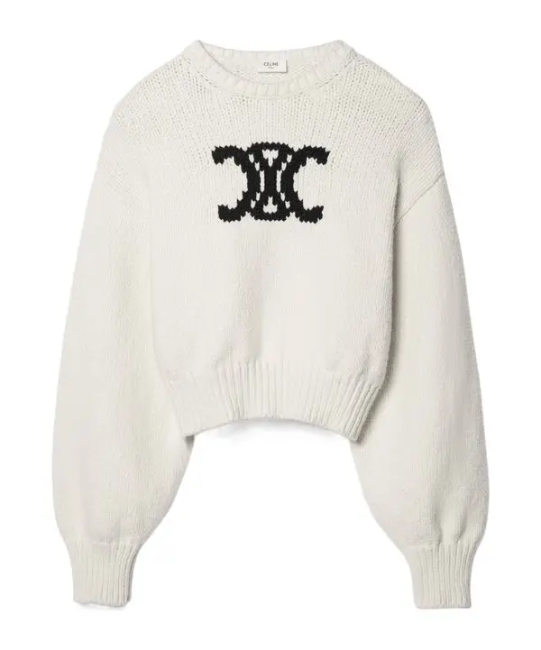 Celine Long-sleeve Knit Top With Logo - Off-white/navy