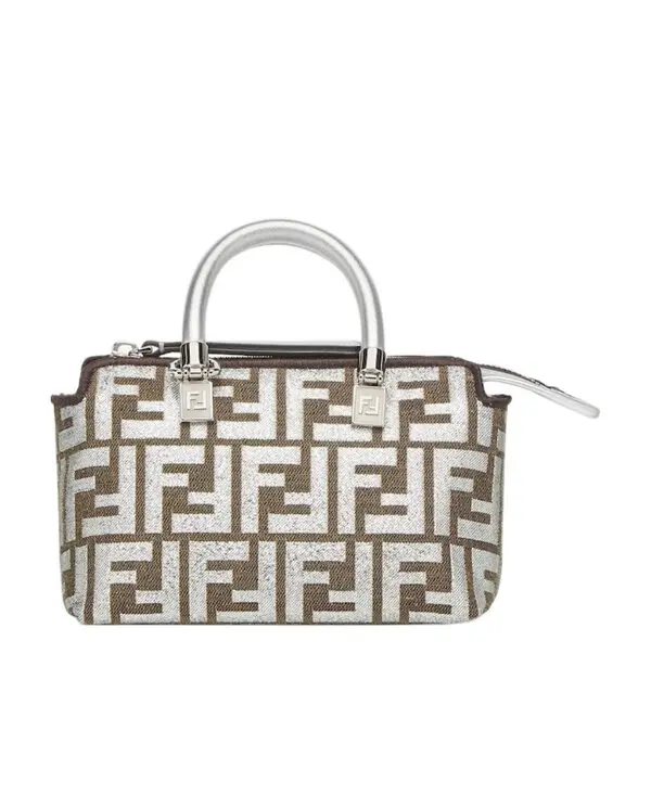 Fendi Small Boston Bag In Laminated Jacquard Ff Fabric - White