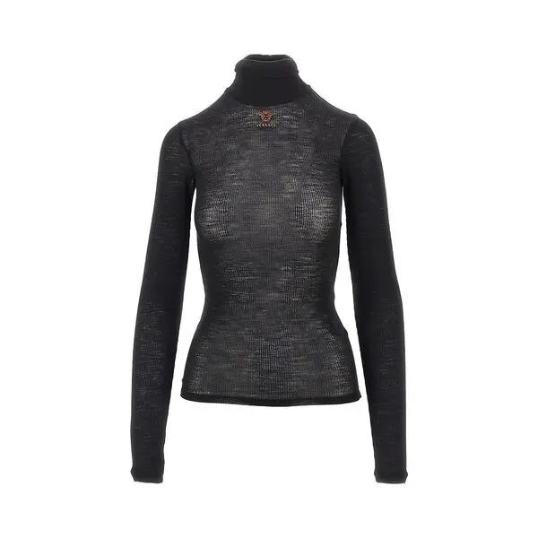 Versace Ribbed Wool Turtleneck Top - Black