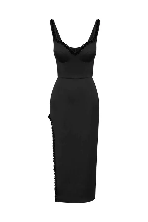 POST MERIDIEM Slit V-neck Midi Dress - Black