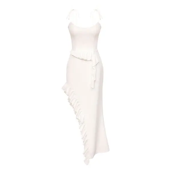 POST MERIDIEM Midi Dress With Ruffle On The Side & Waist - White