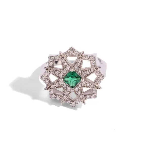 EBRU JEWELRY Seljuk Star Emerald & Pave Silver Statement Ring - Silver/green