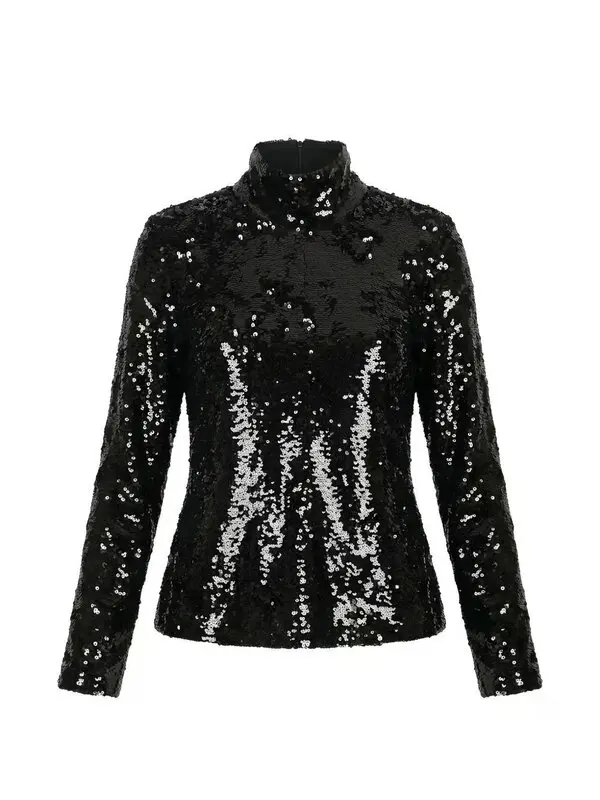 Valentino Garavani Sequin High Neck Long Sleeve Top - Black