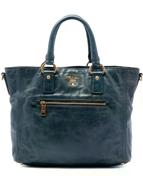 Prada 2010-2026 Vitello Shine Front Pocket Convertible Tote Satchel - Blue