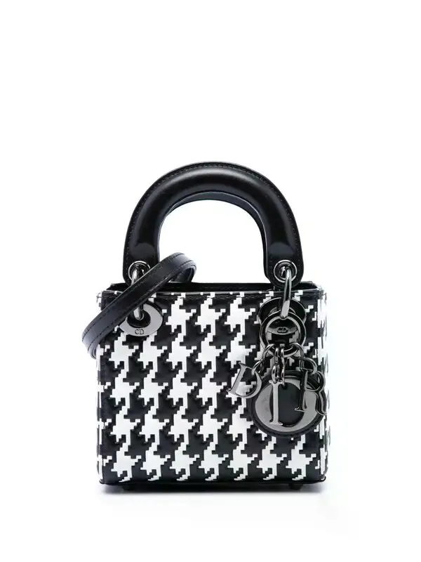 Dior 2022 Micro Calfskin Houndstooth Embossed Macro Lady Satchel - Black