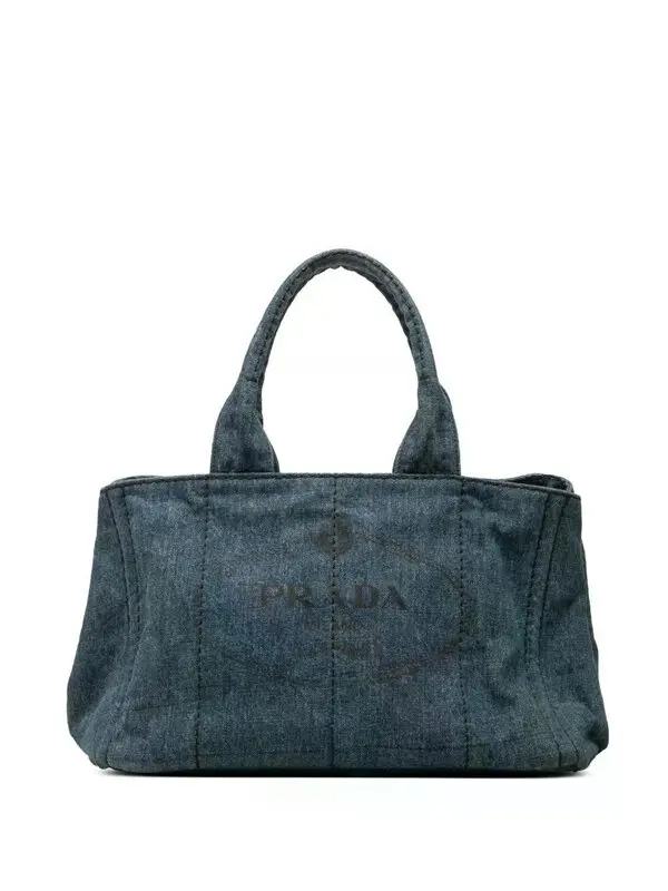 Prada 2011-2026 Denim Canapa Logo Tote Satchel - Blue