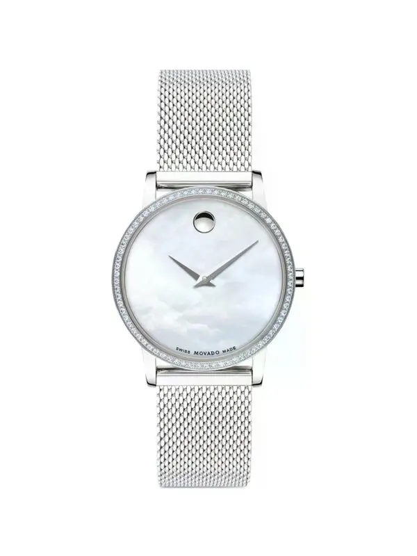 Movado Museum 28mm Watch With Mother-of-pearl Dial And Diamond-set Bezel