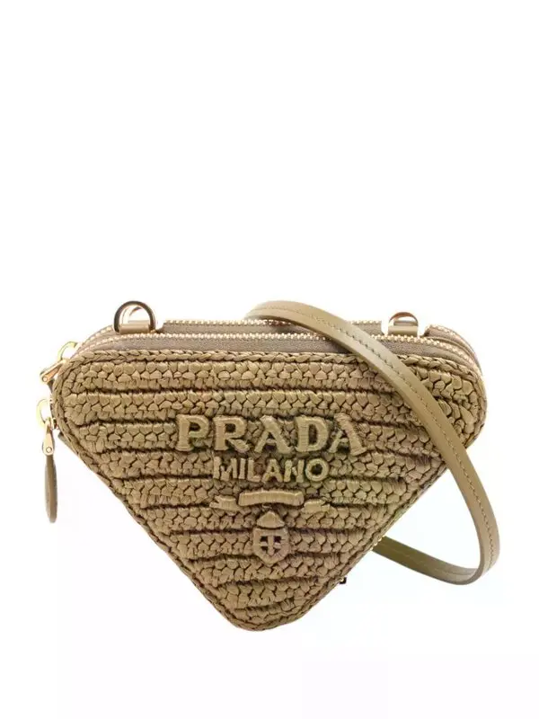 Prada 2010-2026 Raffia Crochet Logo Embroidered Triangle Pouch Satchel - Brown
