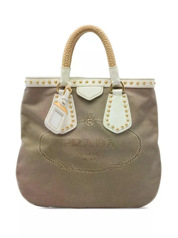 Prada 2000-2026 Studded Canvas Canapa Logo Rope Handle Bag Satchel - Brown