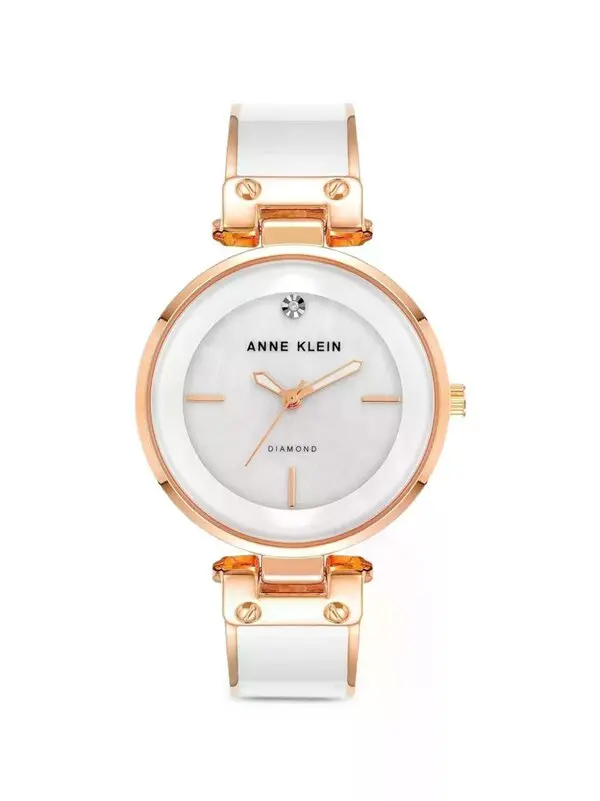 Anne Klein Rose Gold Tone Stainless Steel Watch With Dial And Diamond Accent - White