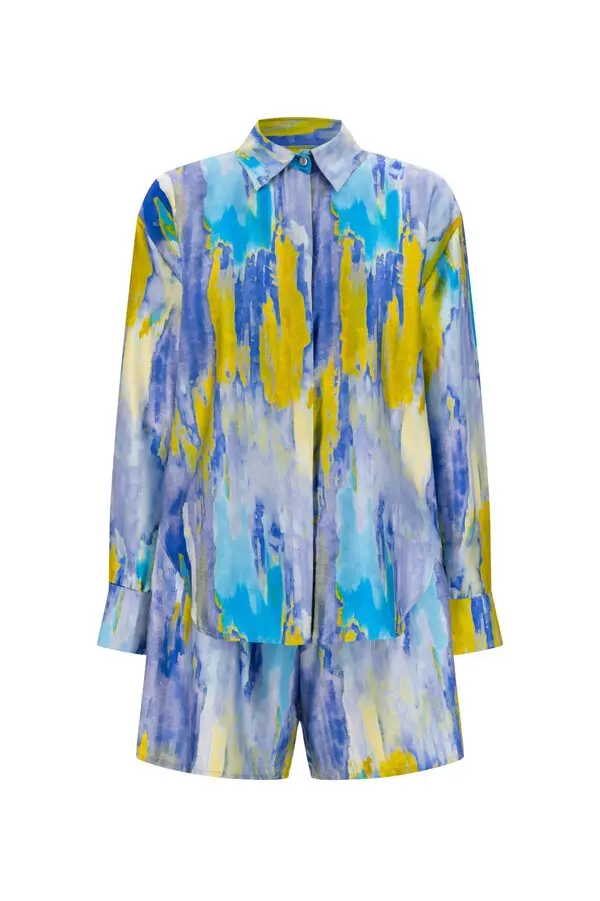 BELYED HANDCRAFT Tania – Silk Crepe Shirt & Shorts Set Belyed - Blue/yellow