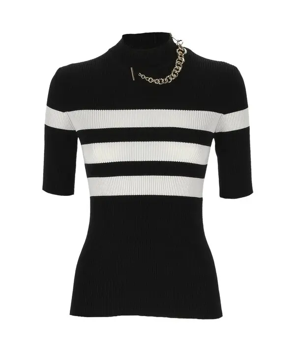 JEAN PAUL GAULTIER Striped Ribbed Knit T-shirt With Chain Detail