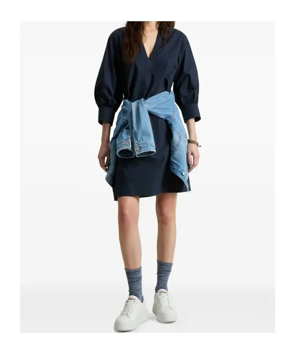 Woolrich V-neck Poplin Dress With Long Sleeves