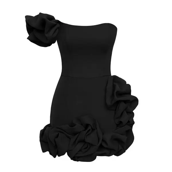 POST MERIDIEM Flounced Bottom One Shoulder Bustier Dress - Black