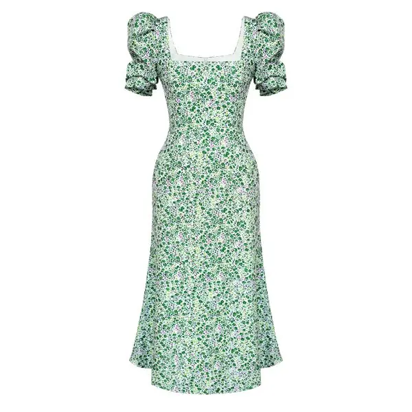POST MERIDIEM Printed Godet Silhouette Square Neck Midi Dress - Green
