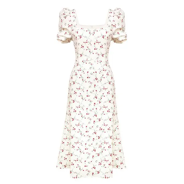 POST MERIDIEM Raspberries Godet Silhouette Square Neck Midi Dress - White
