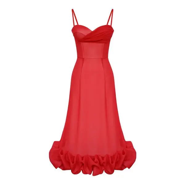 POST MERIDIEM Draped Bodice Bottom Flounced Bustier Dress - Red