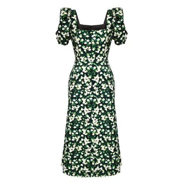 POST MERIDIEM Flowers Godet Silhouette Square Neck Midi Dress - Green