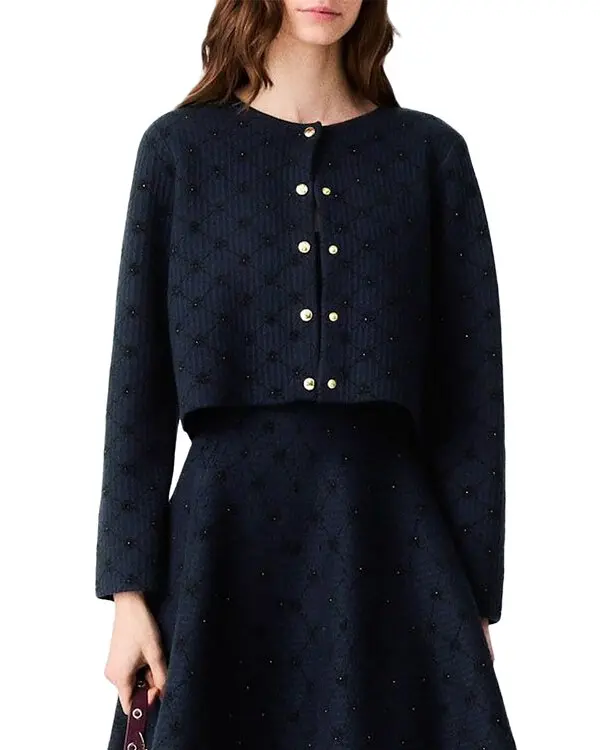 Maje Jacquard Sequin Crewneck Cardigan