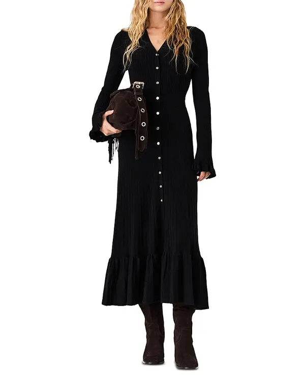 Maje Ritakette Ruffled Knit Maxi Dress - Black