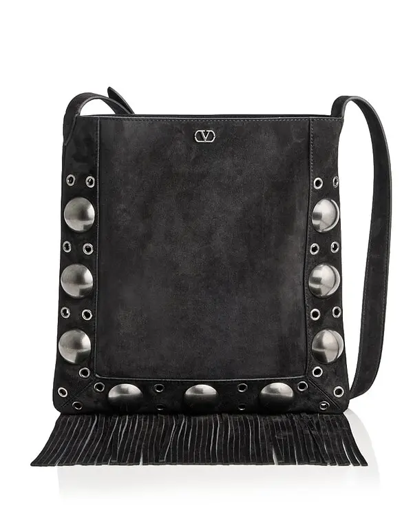Valentino Garavani Vlogo Nellcote Fringe Suede Medium Shoulder Bag - Black