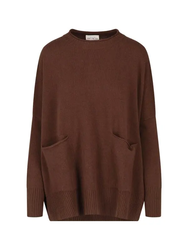 MA'RY'YA Oversized Crewneck Sweater With Patch Pockets - Brown