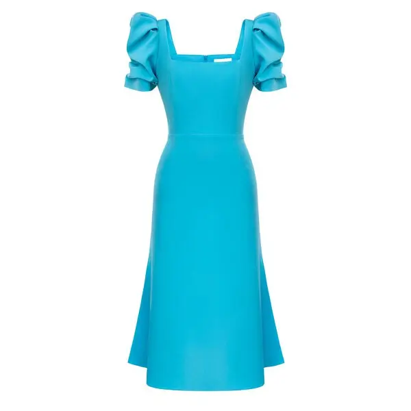 POST MERIDIEM Turquoise Godet Silhouette Square Neck Midi Dress - Blue