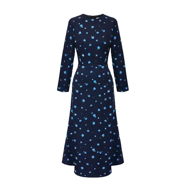 POST MERIDIEM Godet Silhouette Long Sleeve Floral Midi Dress - Blue