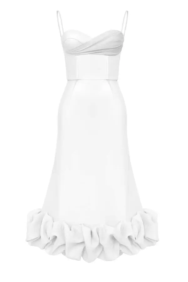 POST MERIDIEM Draped Bodice Bottom Flounced Bustier Dress - White