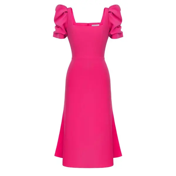 POST MERIDIEM Fuchsia Godet Silhouette Square Neck Midi Dress - Pink