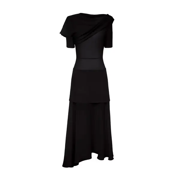 POST MERIDIEM Chiffon Asymmetrical Midi Dress - Black