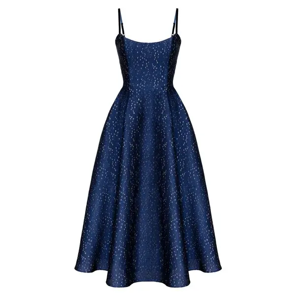 POST MERIDIEM Navy Jacquard Gold Flecks Bustier Dress - Blue