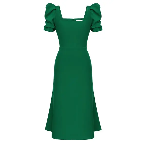 POST MERIDIEM Emerald Godet Silhouette Square Neck Midi Dress - Green