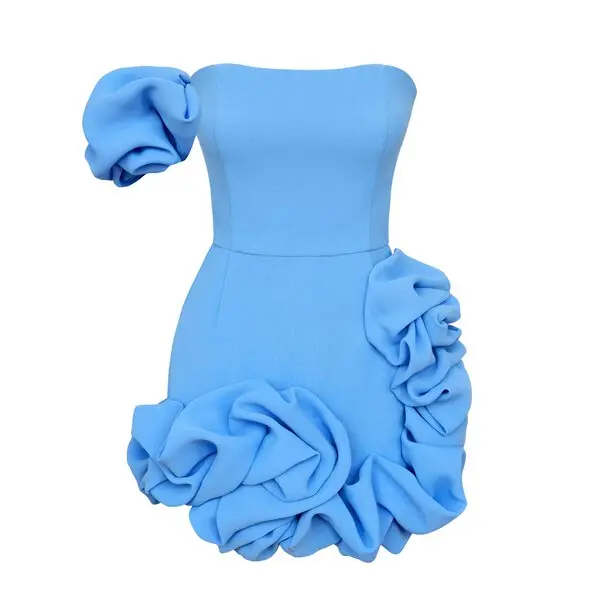 POST MERIDIEM Flounced Bottom One Shoulder Bustier Dress - Blue