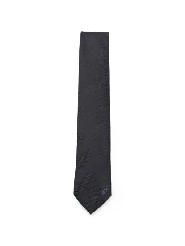 Brioni Herringbone-weave Logo-embroidered Tie - Black
