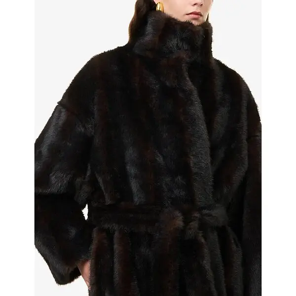 THE FRANKIE SHOP Faux Fur Longline Coat - Dark Brown