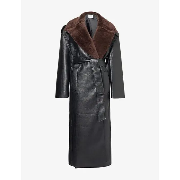 THE FRANKIE SHOP Faux-leather Belted Trench Coat With Shearling Trim
