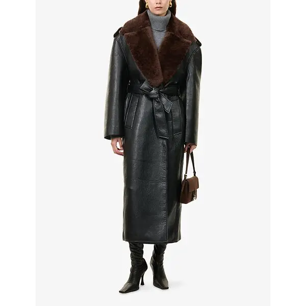THE FRANKIE SHOP Faux-leather Belted Trench Coat With Shearling Trim