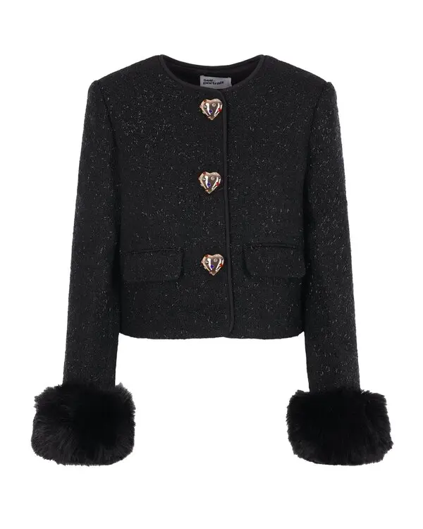 SELF-PORTRAIT Embellished Tweed Crop Jacket With Faux Fur Cuffs - Black