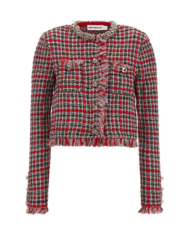 SELF-PORTRAIT Fringed Tweed Cropped Jacket - Red