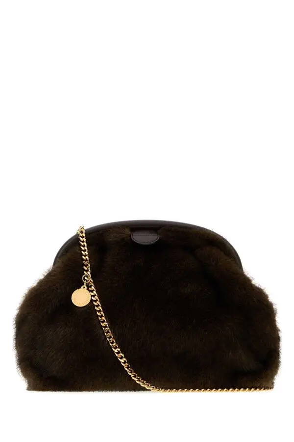 Stella McCartney Soft Plush Falabella Clutch With Chain - Coffee