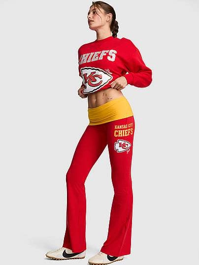 Pink Nfl Collection All-day Cotton™ Bling Foldover Flare Leggings - Red